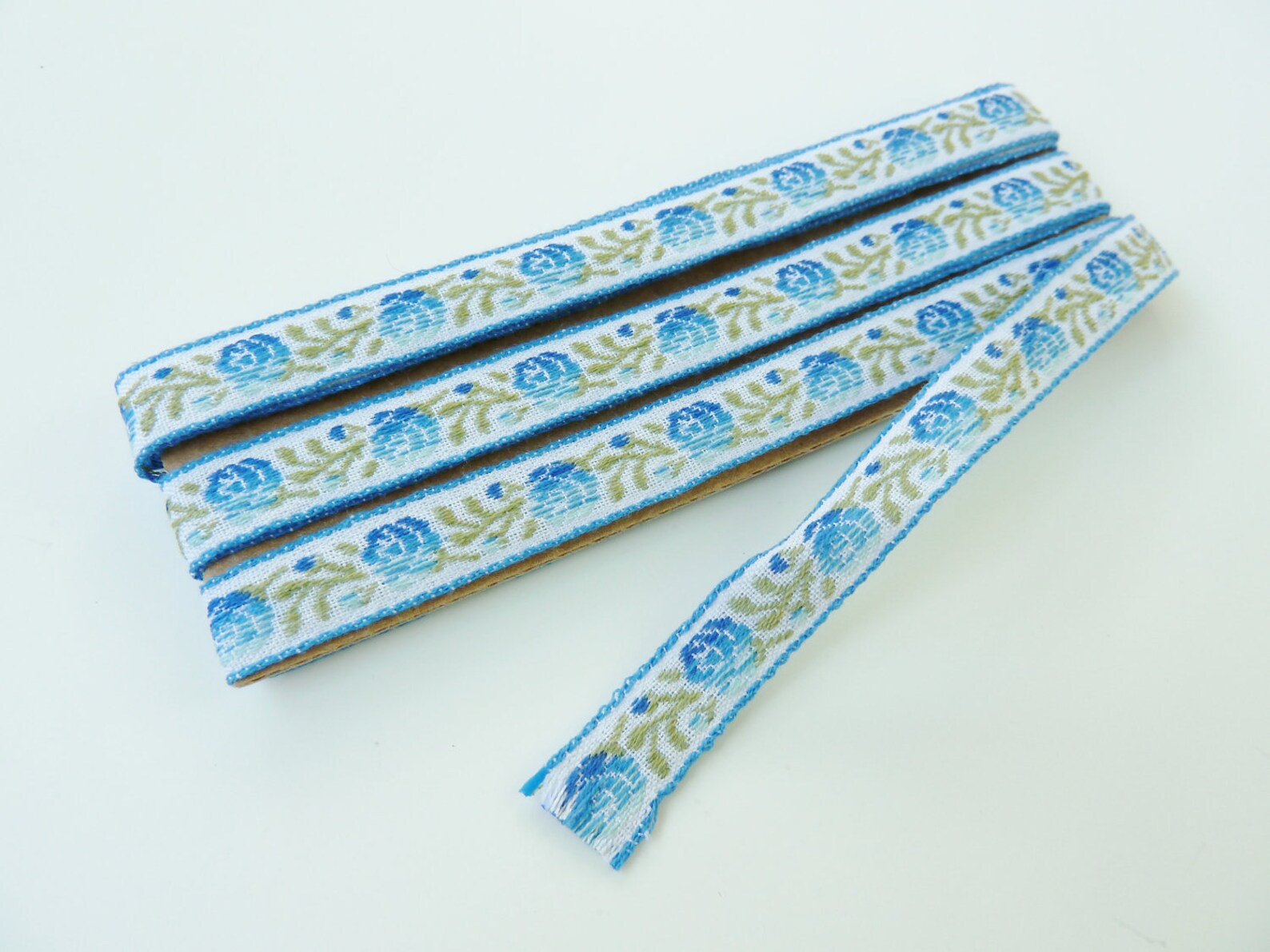 Blue & White Cotton Brocade Tape With Flower Pattern and Sage Green ...