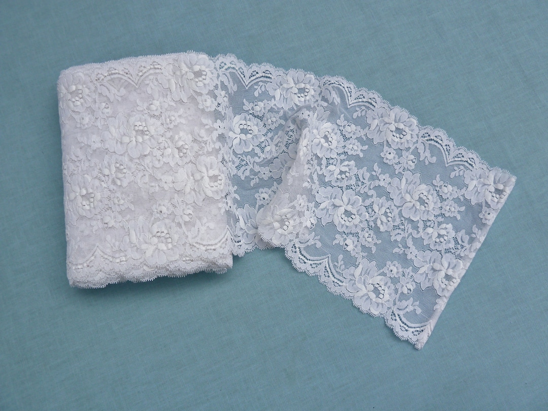 White Stretch Bridal Lace With Floral Pattern and Double Edge Scallop ...
