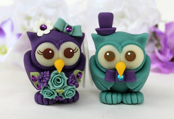 Owl wedding cake topper teal purple love birds custom bride | Etsy