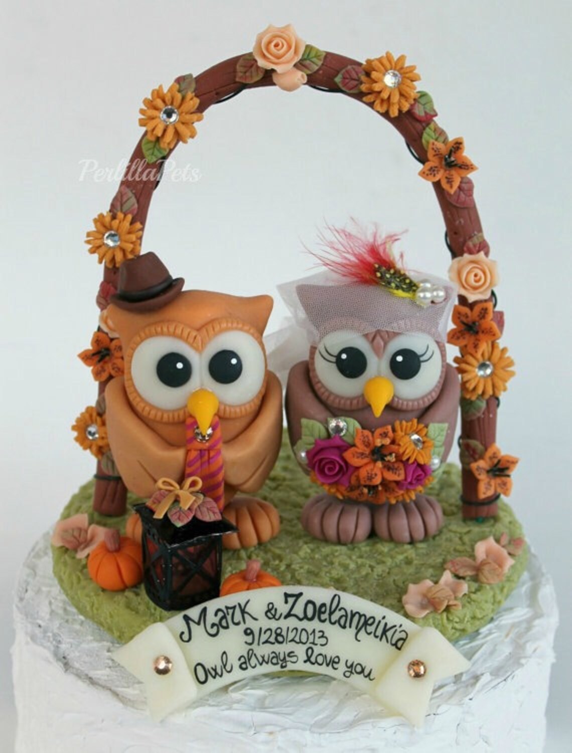 Owl Love Bird Wedding Cake Topper With Floral Arc and Grass Base ...
