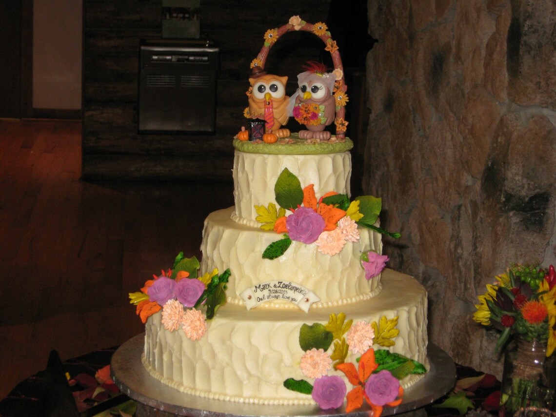 Owl Love Bird Wedding Cake Topper With Floral Arc and Grass Base ...