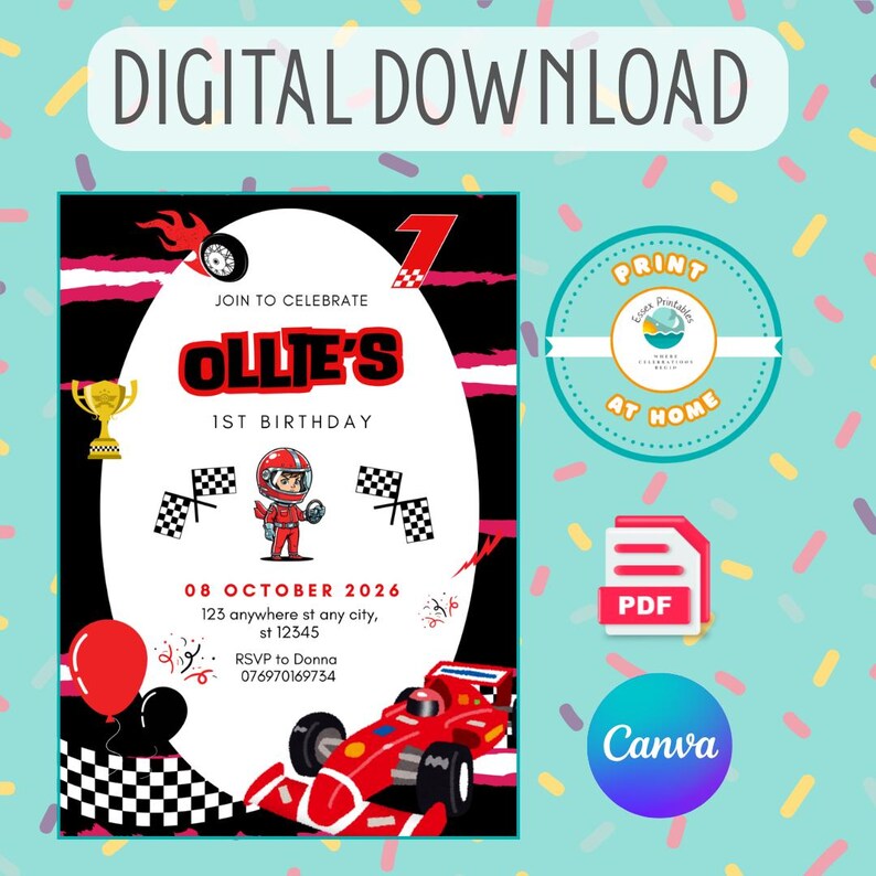 Editable Racing F1 Car Themed Birthday Party Invitation Canva PDF ...
