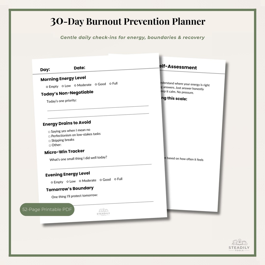30-day Burnout Prevention Planner | Printable PDF | Daily Check-in ...
