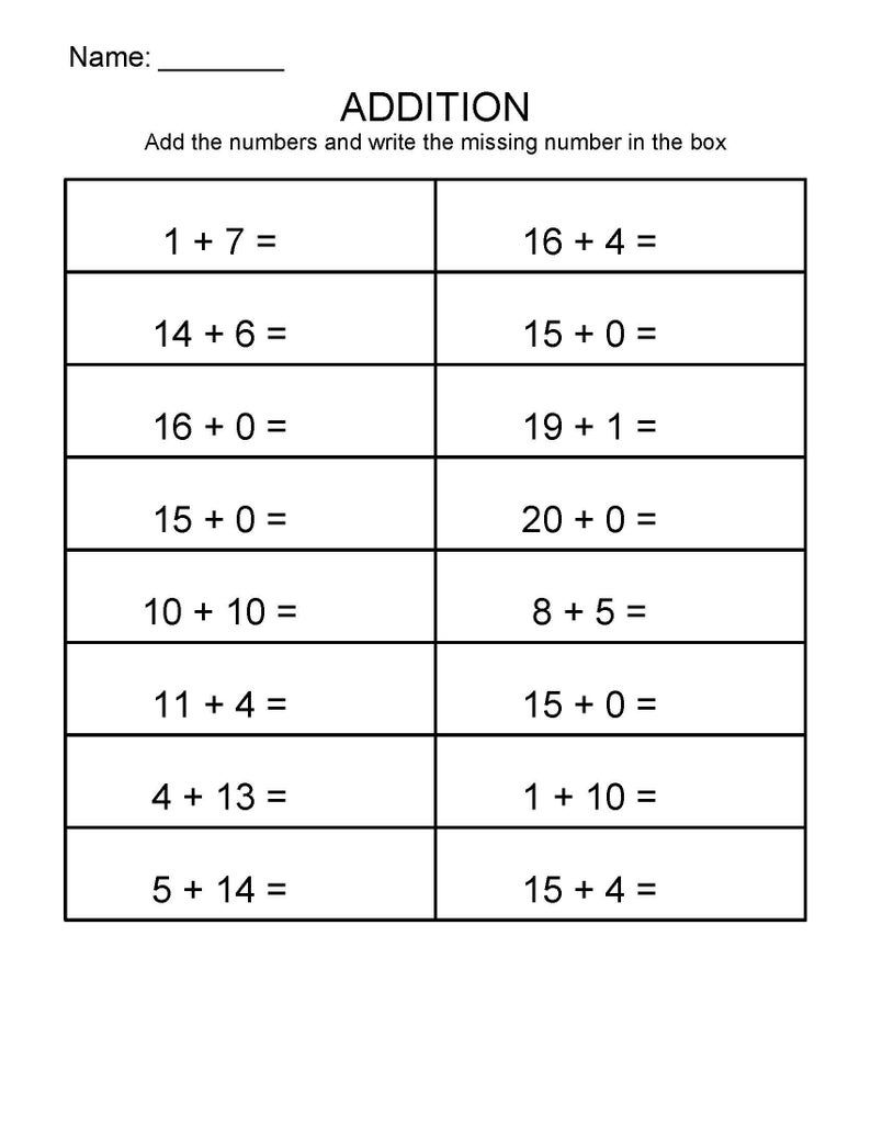 Printable Addition 10 Worksheets 1-20 Kindergarten First Grade Second ...