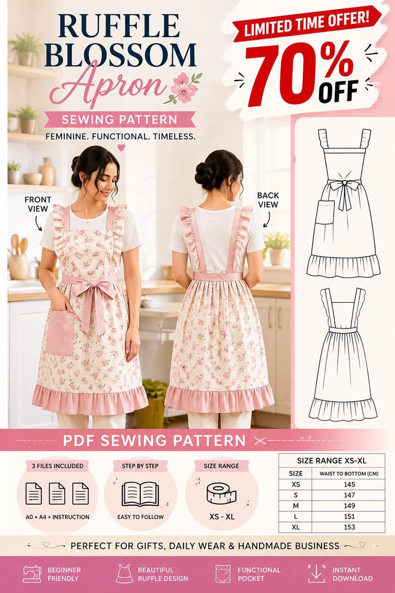 Ruffle Apron Sewing Pattern PDF XS-XL | Vintage or Feminine Apron ...