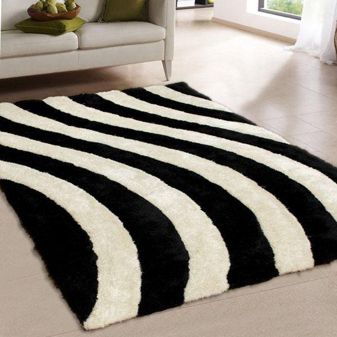 Modern Zebra Stripe Shag Rug, Black and White Arched Wave Area Carpet ...