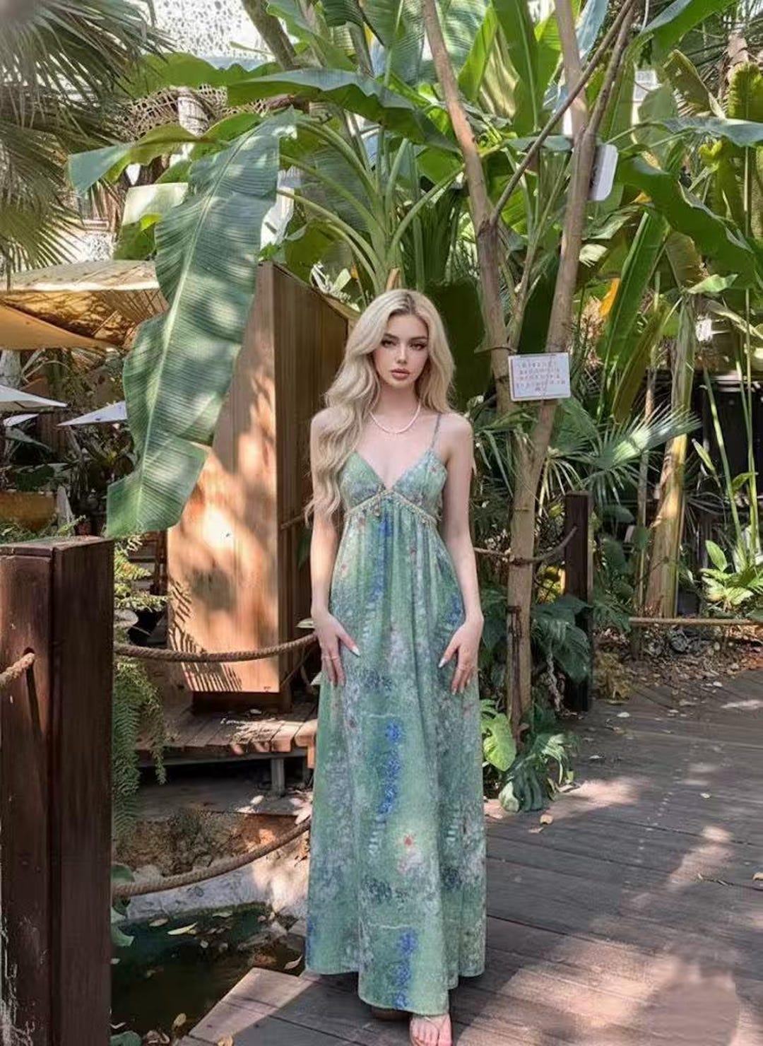Boho Floral Maxi Dress for Summer Vacation Green Tropical V Neck Long ...