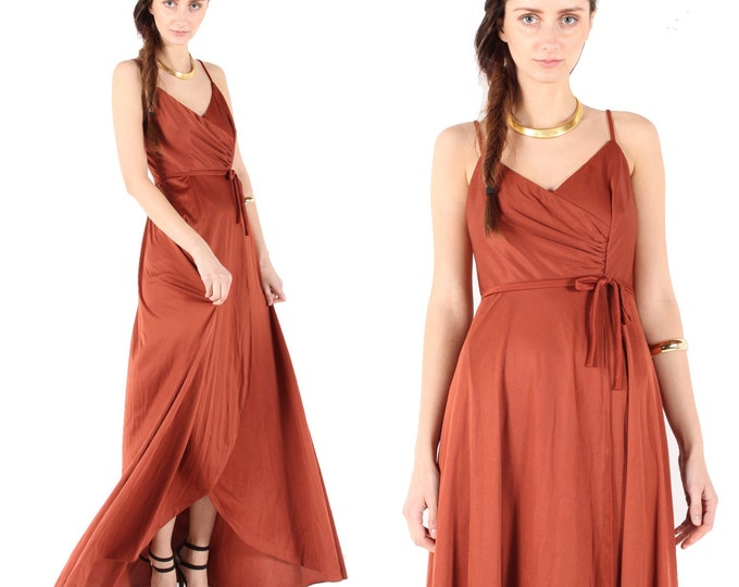 Vintage 1970s Dress // Rust Disco Dress // Slinky // Tie Waist // Flowy ...