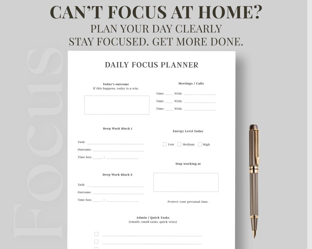 Work From Home Focus System Printable | Remote Work Daily Focus Planner ...