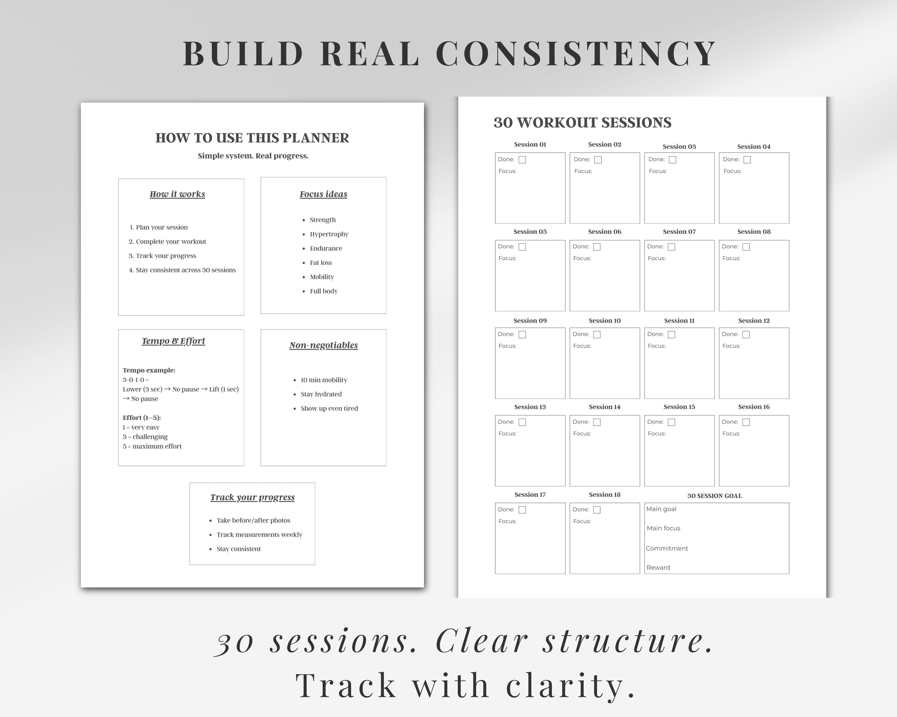 Fitness Planner Printable, Workout Log PDF, 30 Session Workout System ...