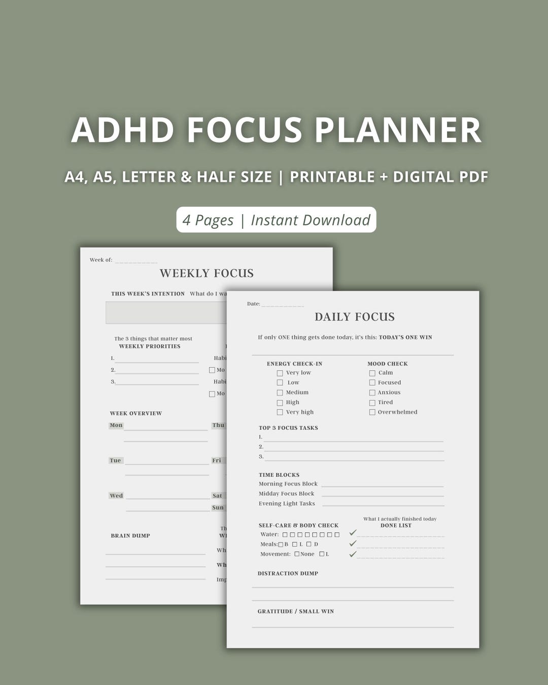 ADHD Planner Printable | Daily Weekly Monthly Focus Planner | Minimal ...
