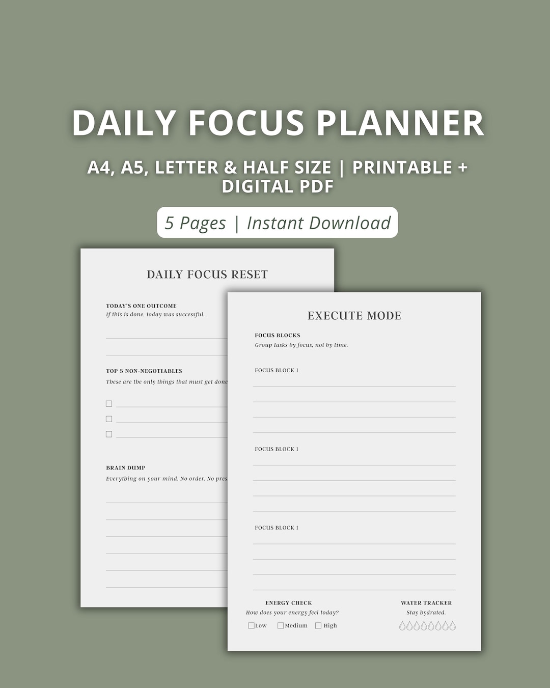 Daily Focus Planner Printable | ADHD Productivity System | Minimal ...