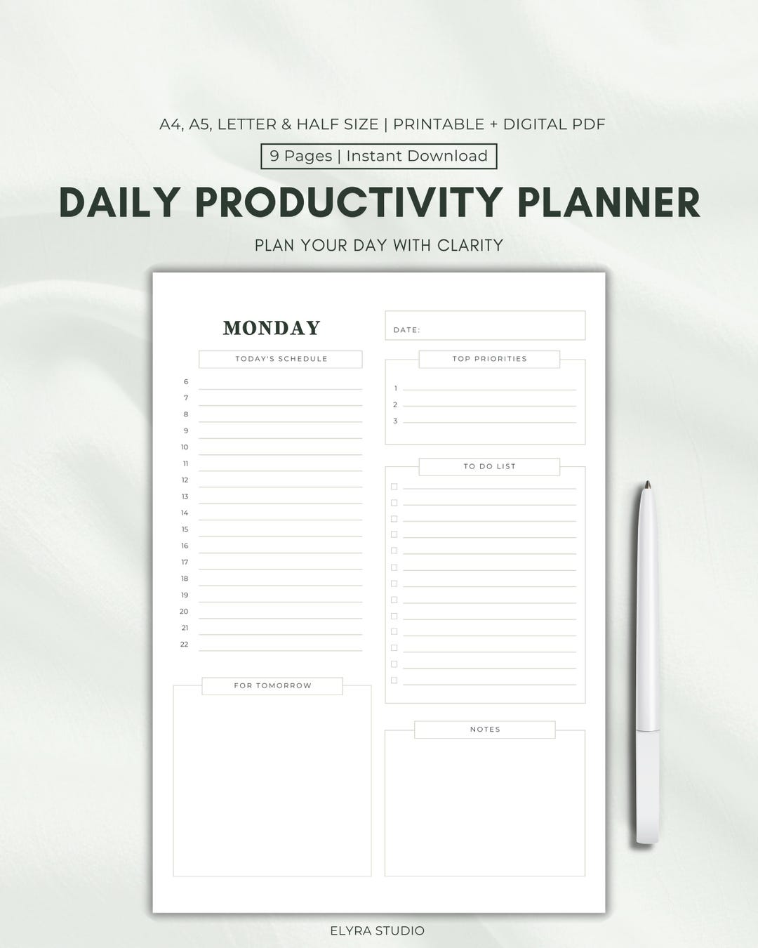 Daily Productivity Planner Printable, Daily Schedule Planner PDF ...
