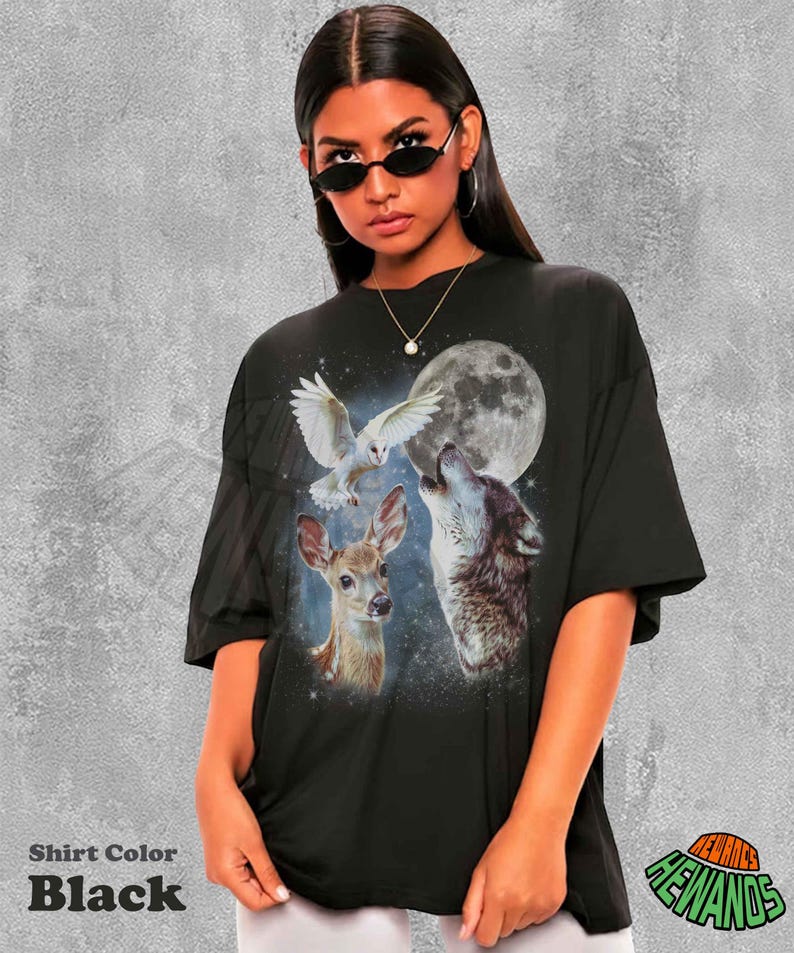 Vintage Wolf Deer Owl Moon Shirt, Retro Celestial Animal T-shirt ...