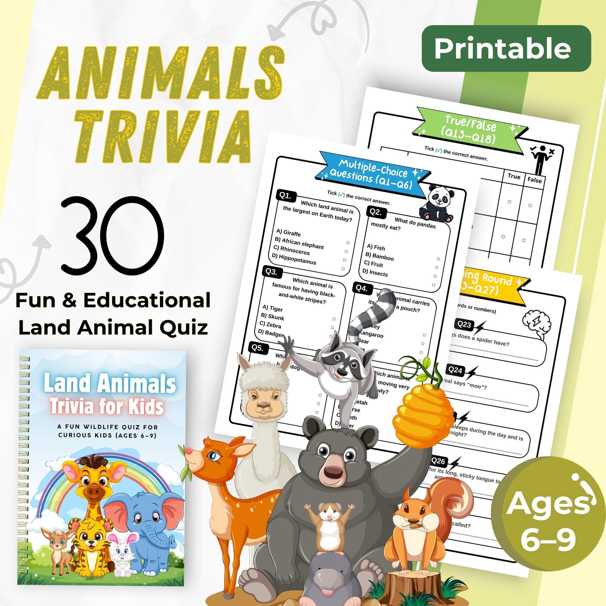 Printable Land Animals Trivia for Kids 6–9 | Wildlife Educational Quiz ...