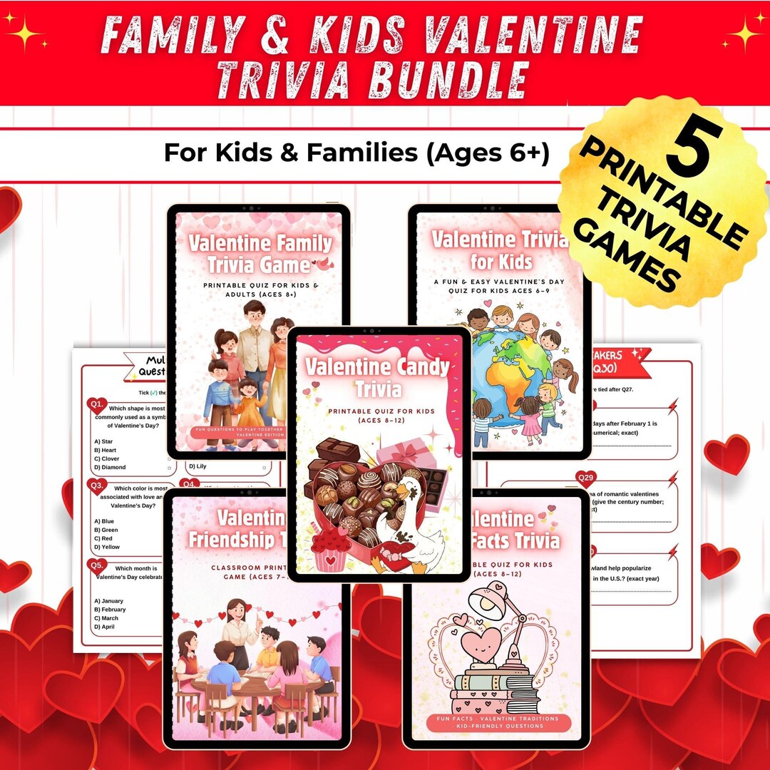 Valentine’s Day Trivia Bundle — 5 Printable Games — 150 Questions ...