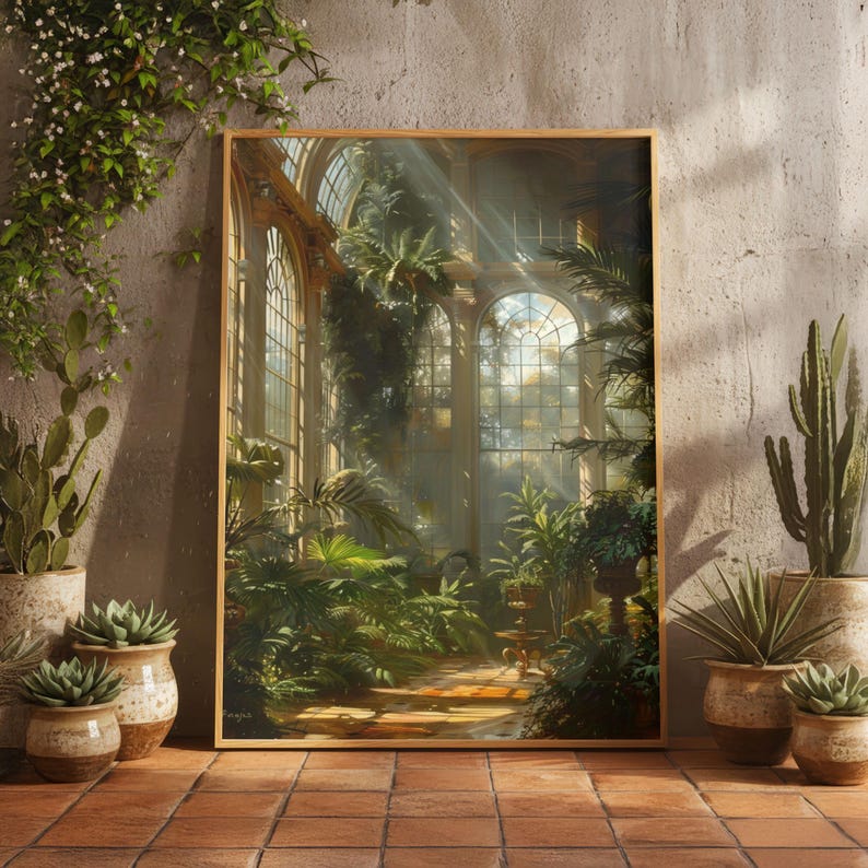 Victorian Greenhouse Wall Art, Sunlit Conservatory Print, Botanical ...