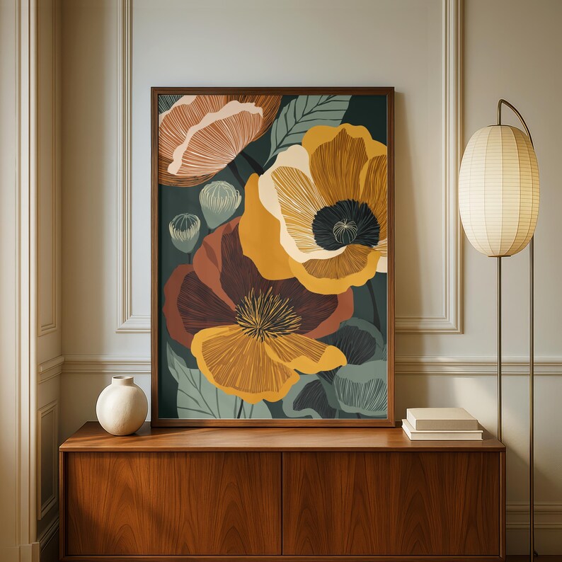 Burnt Orange Floral Wall Art, Mid Century Botanical Print, Boho Chic ...