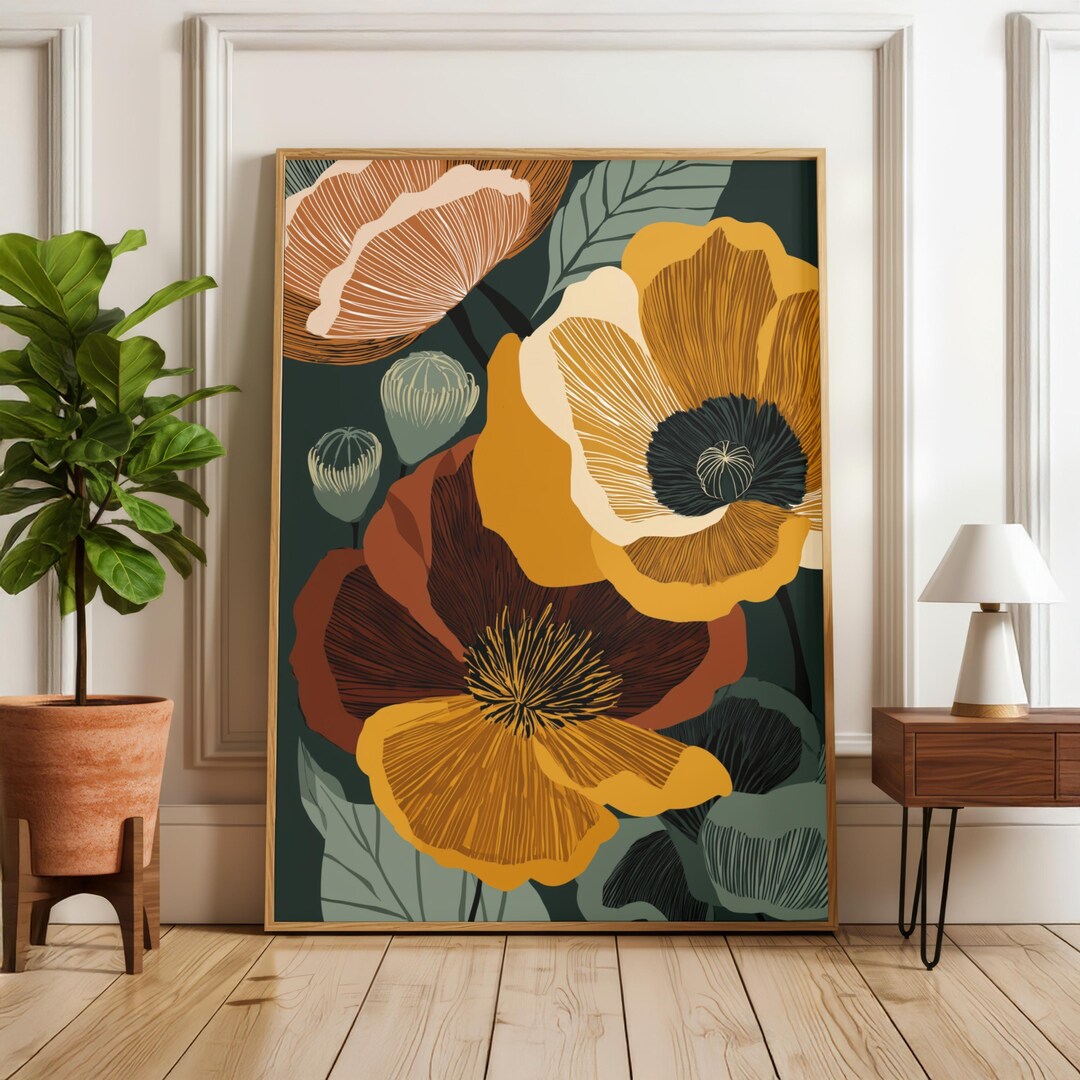Burnt Orange Floral Wall Art, Mid Century Botanical Print, Boho Chic ...