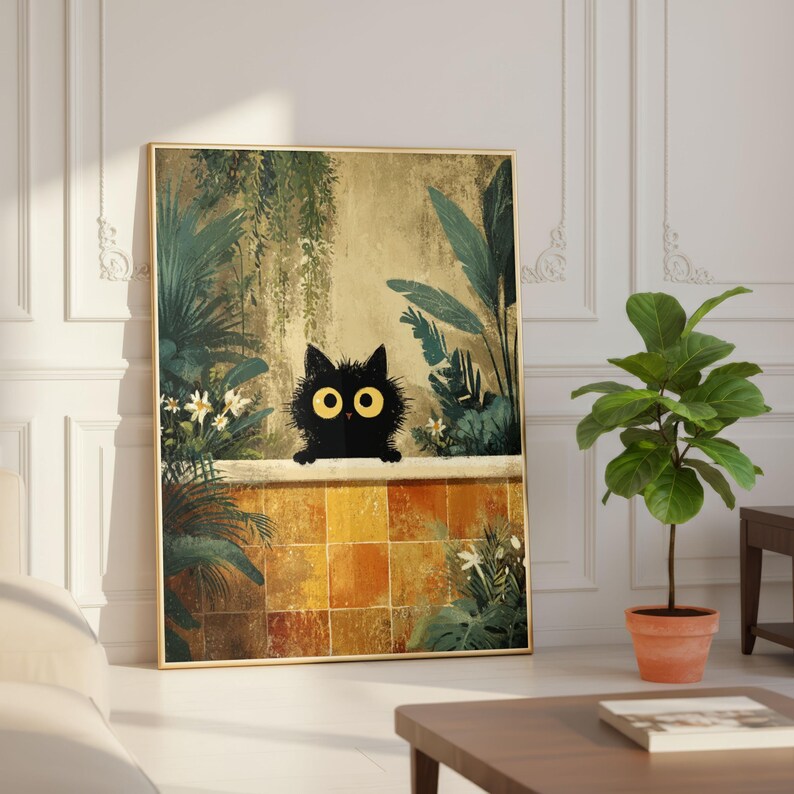 Funny Black Cat Wall Art, Jungle Bathroom Print, Whimsical Cat Poster ...