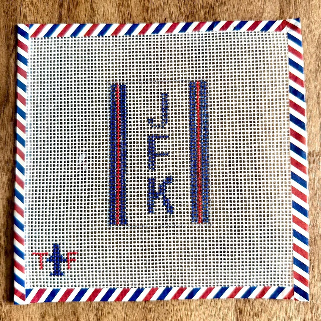 JFK Hand-painted Needlepoint Canvas Luggage Tag – Navy & Red Stripes ...