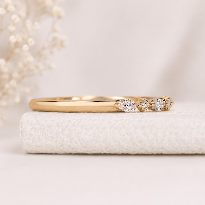 Alternating Marquise Round Lab Grown Diamond Wedding Band, Half ...