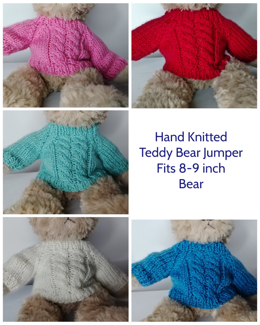 Teddy Bear Jumper Hand Knitted Cable Pattern Choice of 5 Colours Fits 8 ...