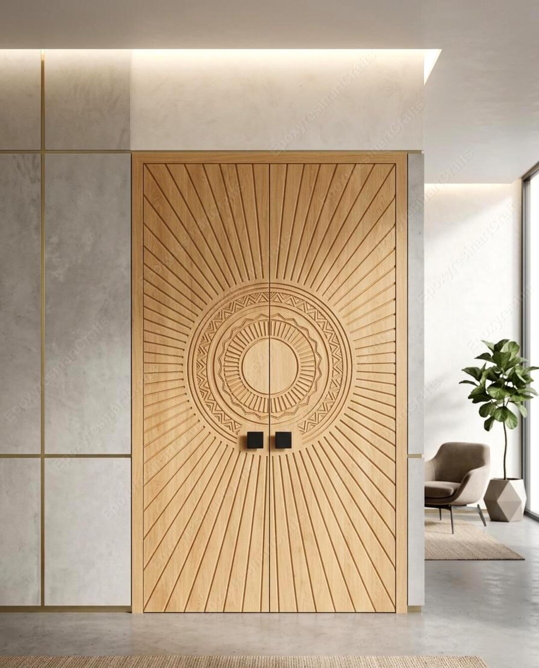 Oak Wood Double Doors | 3D Radial Carved Interior Door | Bespoke ...