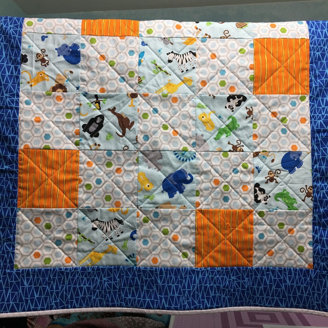 Jungle Animal Quilt Blue and Orange Quilt Colorful Baby - Etsy