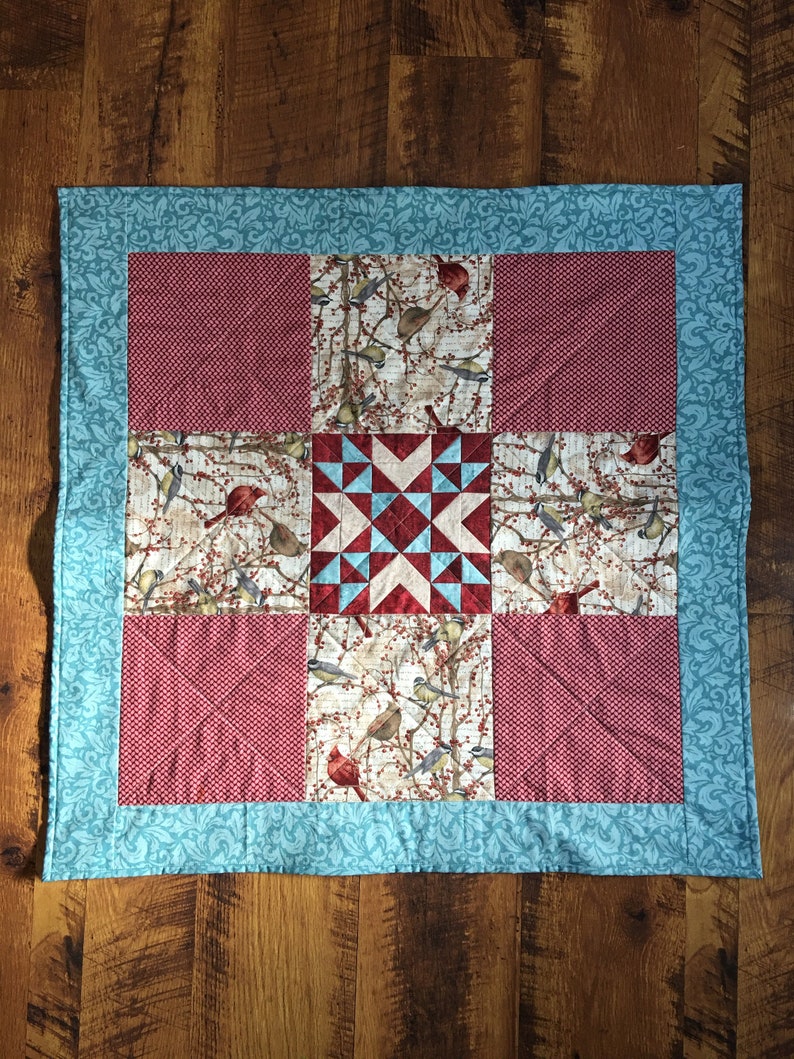 Bird Table Topper, Kitchen Table Topper, 9 Patch Table Topper, Teal and ...