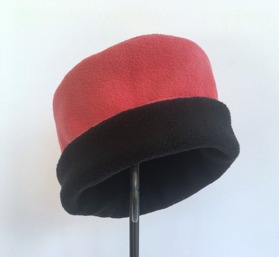 Coral and Black Fleece Hat, Roll Brim Hat, Fleece Hat, Soft and Warm ...