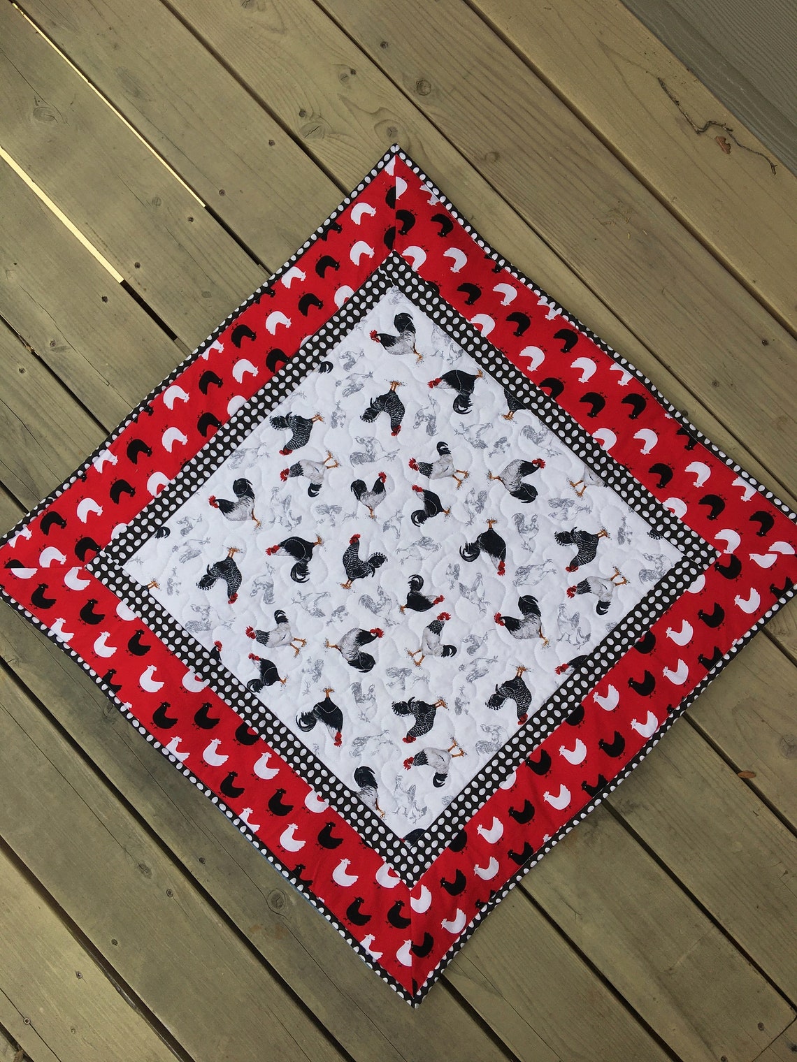 Chicken Table Topper, Rooster Table Topper, Chicken Quilt, Red White ...