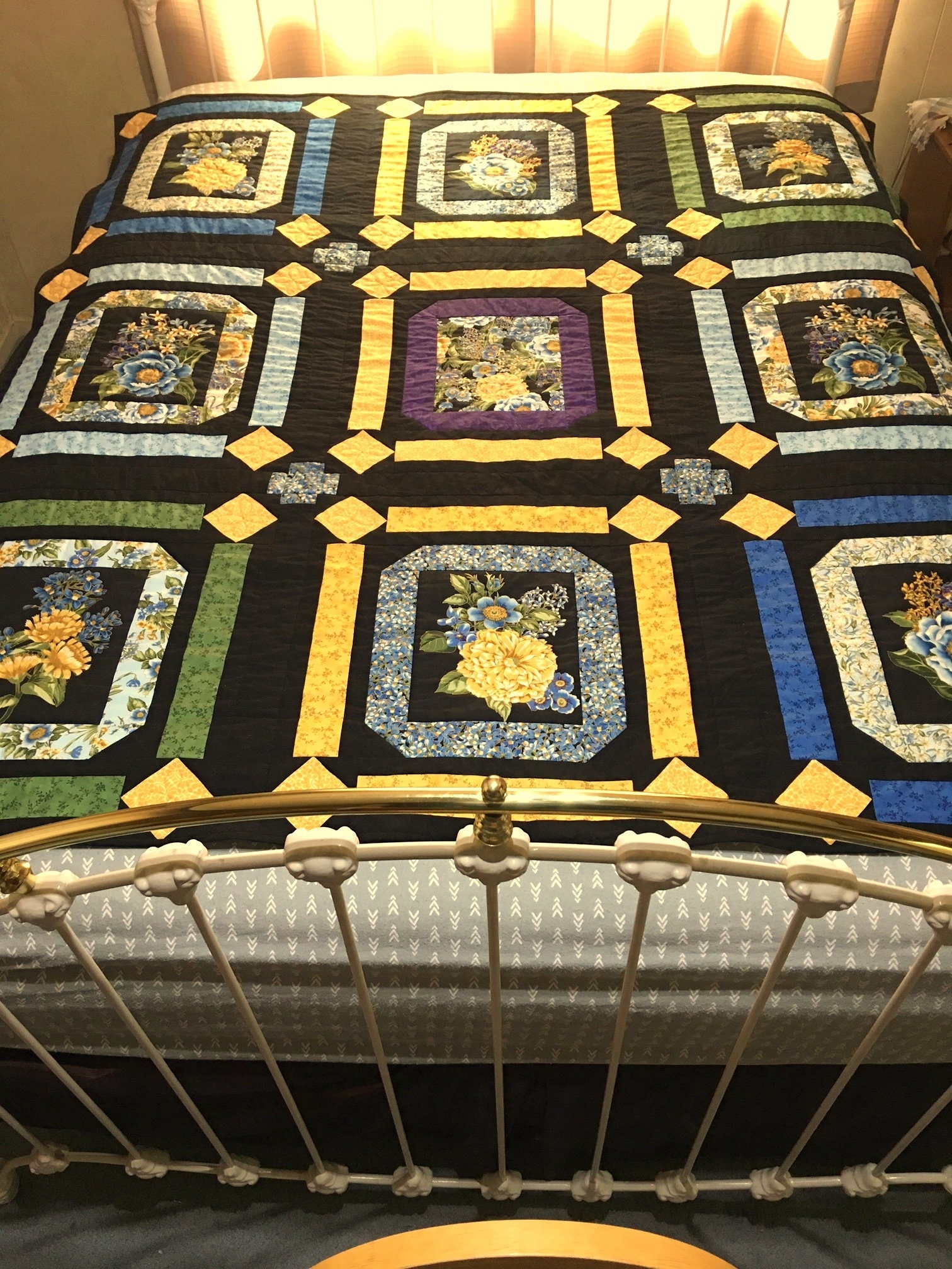 Floral Panel Quilt Yellow Flower Quilt Blue Flower Quilt - Etsy 日本