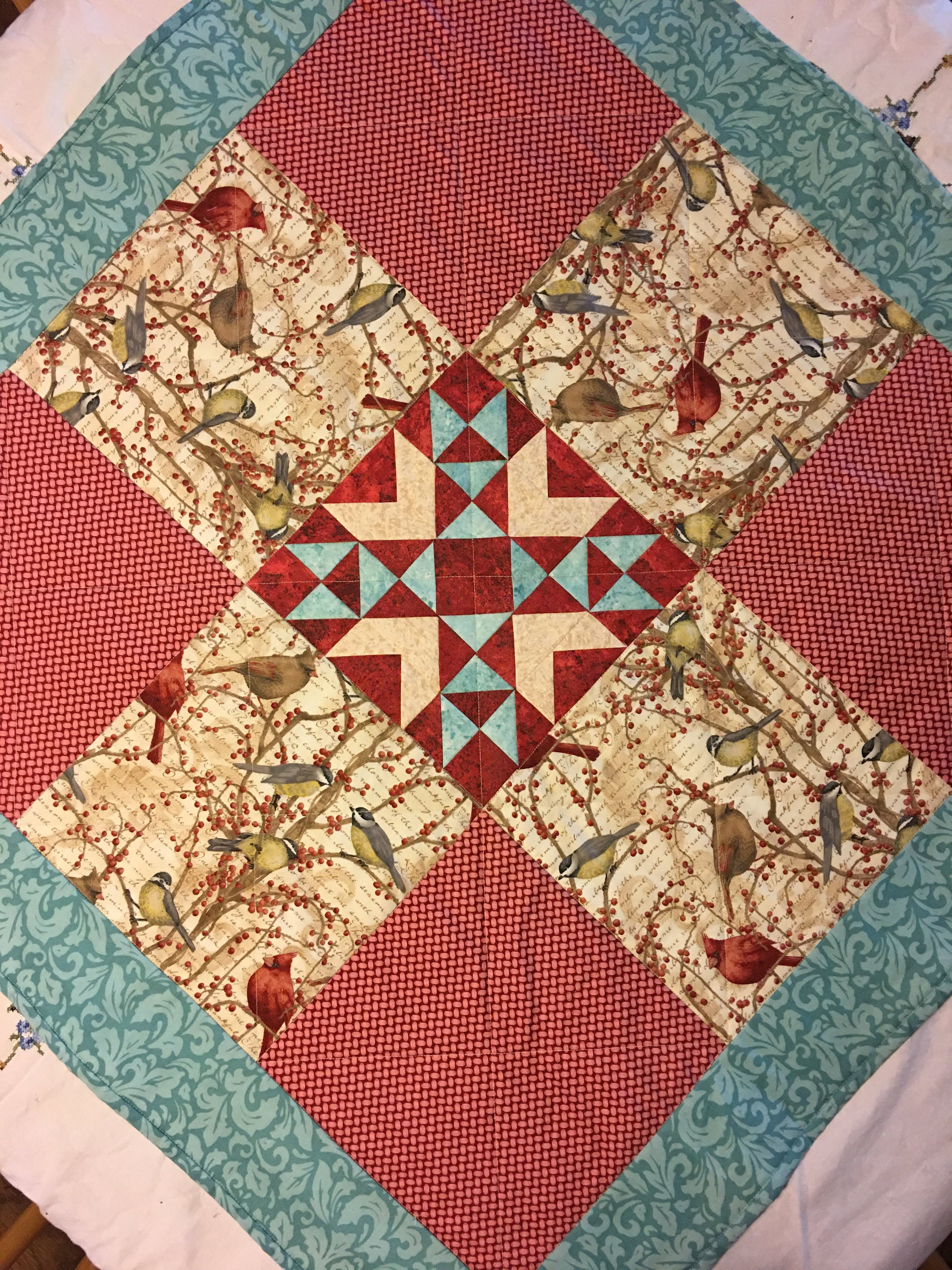 Bird Table Topper, Kitchen Table Topper, 9 Patch Table Topper, Teal and ...