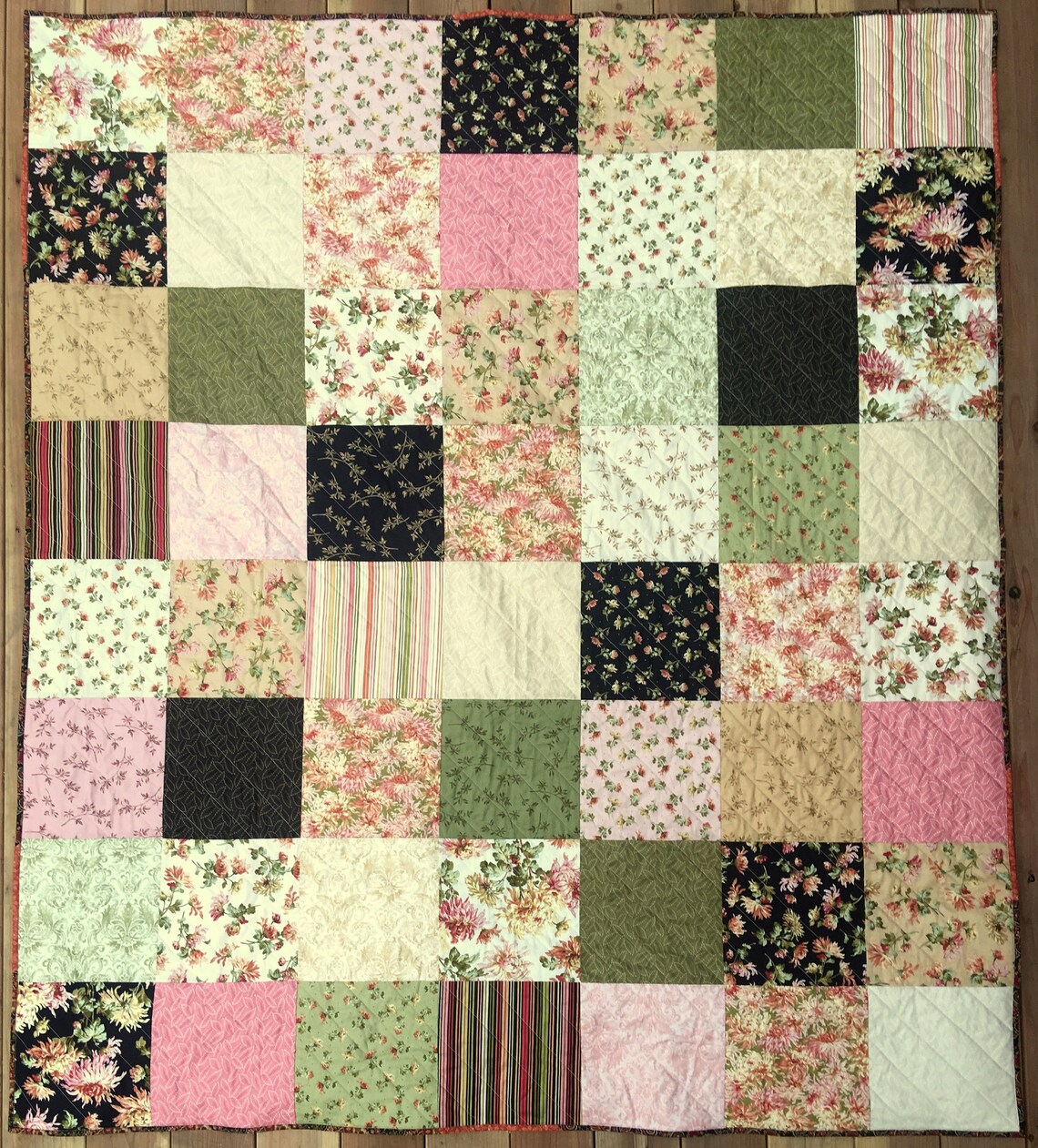 Floral and Stripe Patchwork Quilt, Pink Cream Green Black Quilt, Bed ...