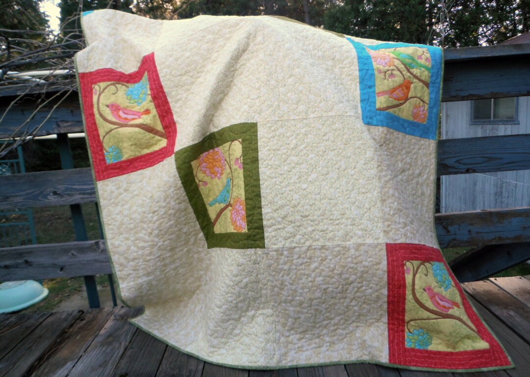 Springtime Bird Quilt, Bird Panel Quilt, Colorful Bird Quilt, Bird and ...