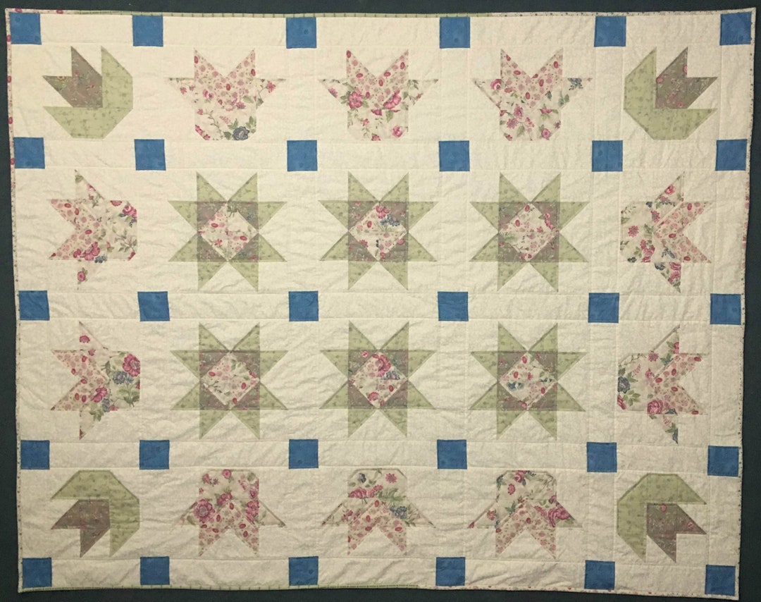 Stars and Tulips Quilt, Flower Quilt, Romantic Quilt, Floral Quilt ...