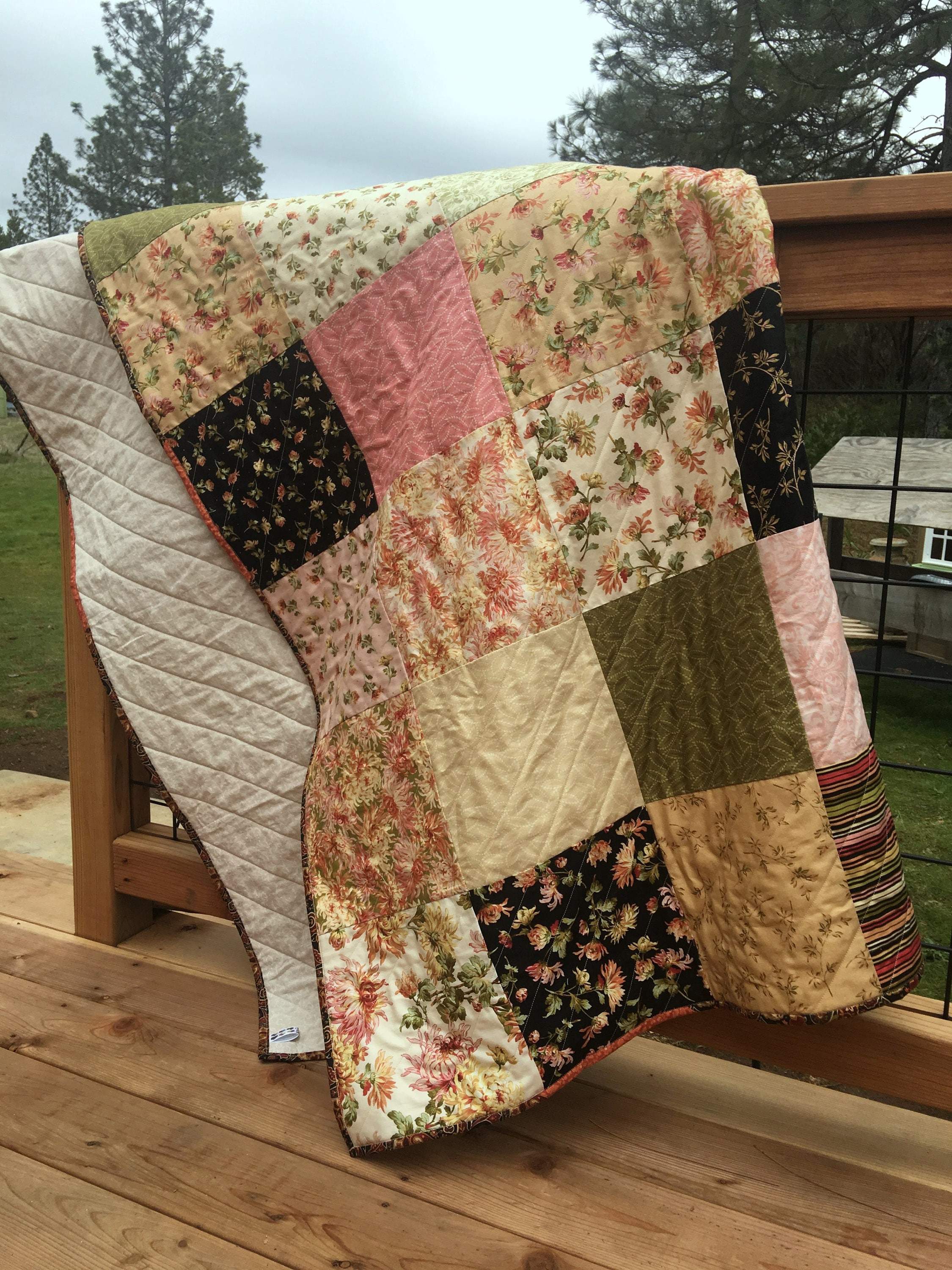 Floral and Stripe Patchwork Quilt, Pink Cream Green Black Quilt, Bed ...