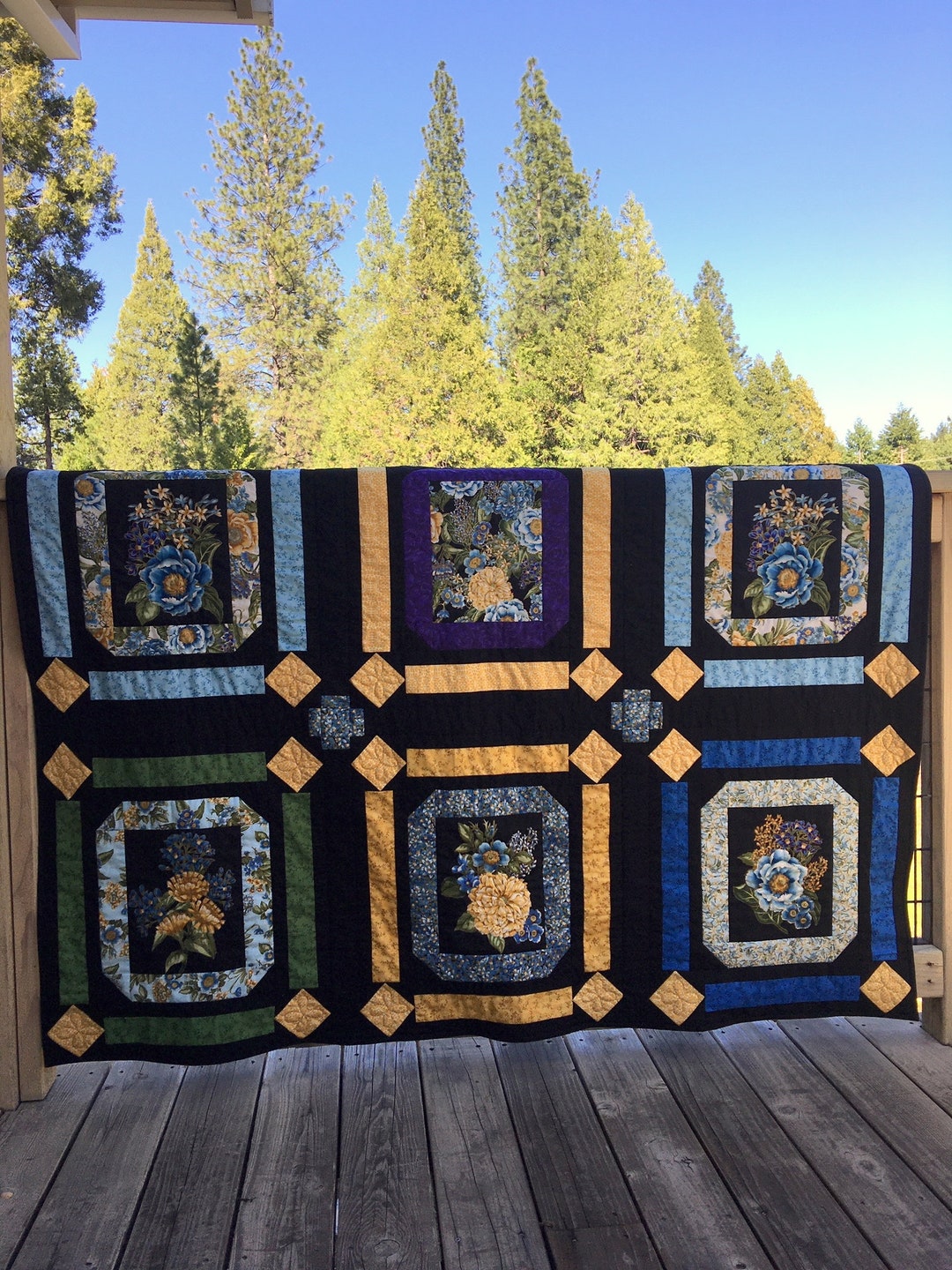 Floral Panel Quilt Yellow Flower Quilt Blue Flower Quilt - Etsy 日本