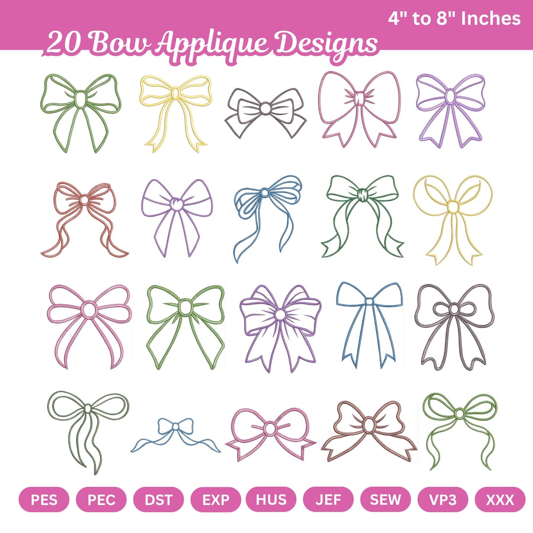 Bow Applique Embroidery Bundle, Girly Bow Machine Files, Outline Bows ...