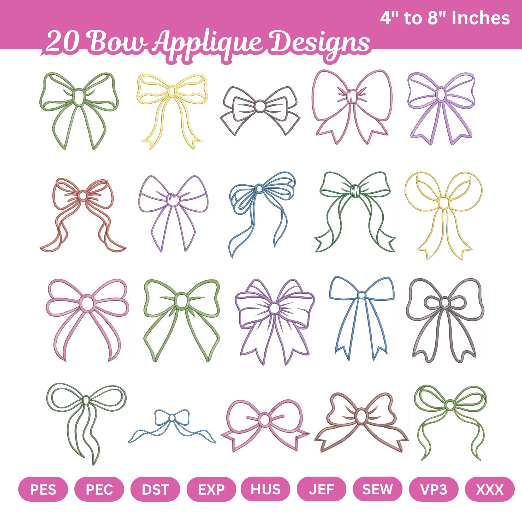 Bow Applique Embroidery Bundle, Girly Bow Machine Files, Outline Bows ...