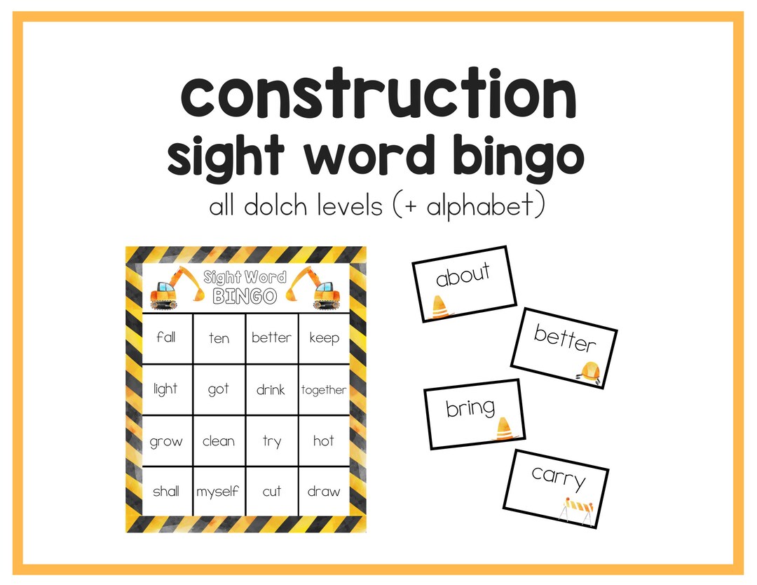 Construction Sight Word Bingo - Etsy
