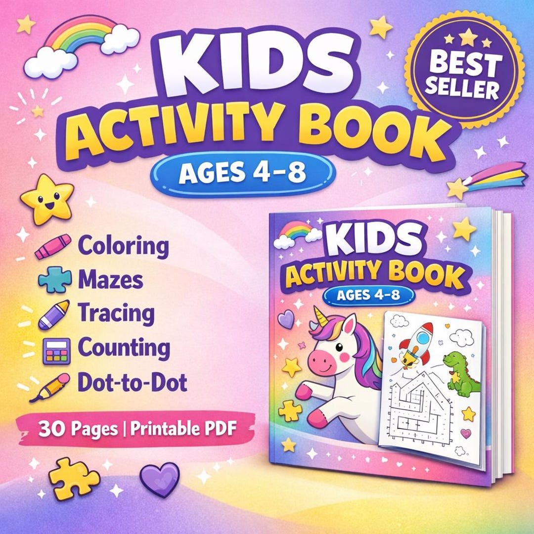 Kids Activity Book: Mazes, Coloring, Dot-to-dot (ages 4-8) (printable ...