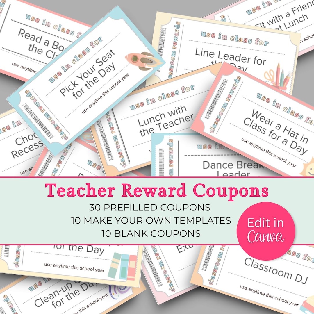 Teacher Reward Coupons: Editable Classroom Incentives (printable Canva ...