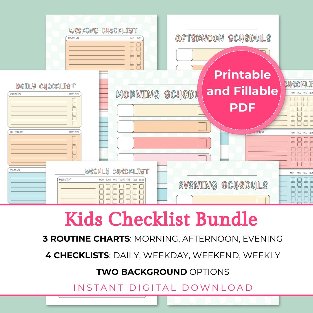 Kids Daily Checklist Bundle: Fillable Routine Chart (digital Download ...