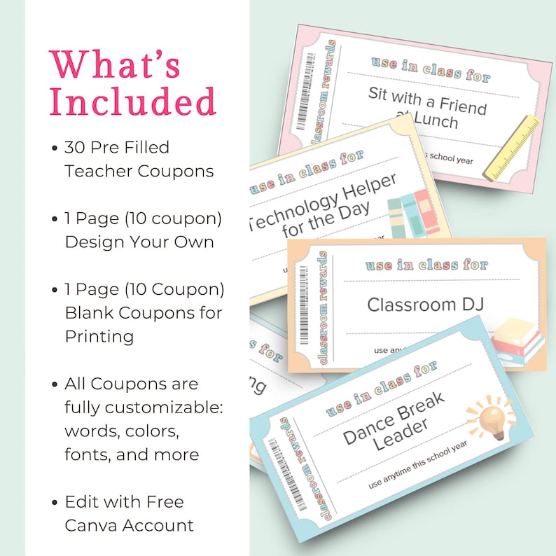Teacher Reward Coupons: Editable Classroom Incentives (printable Canva ...