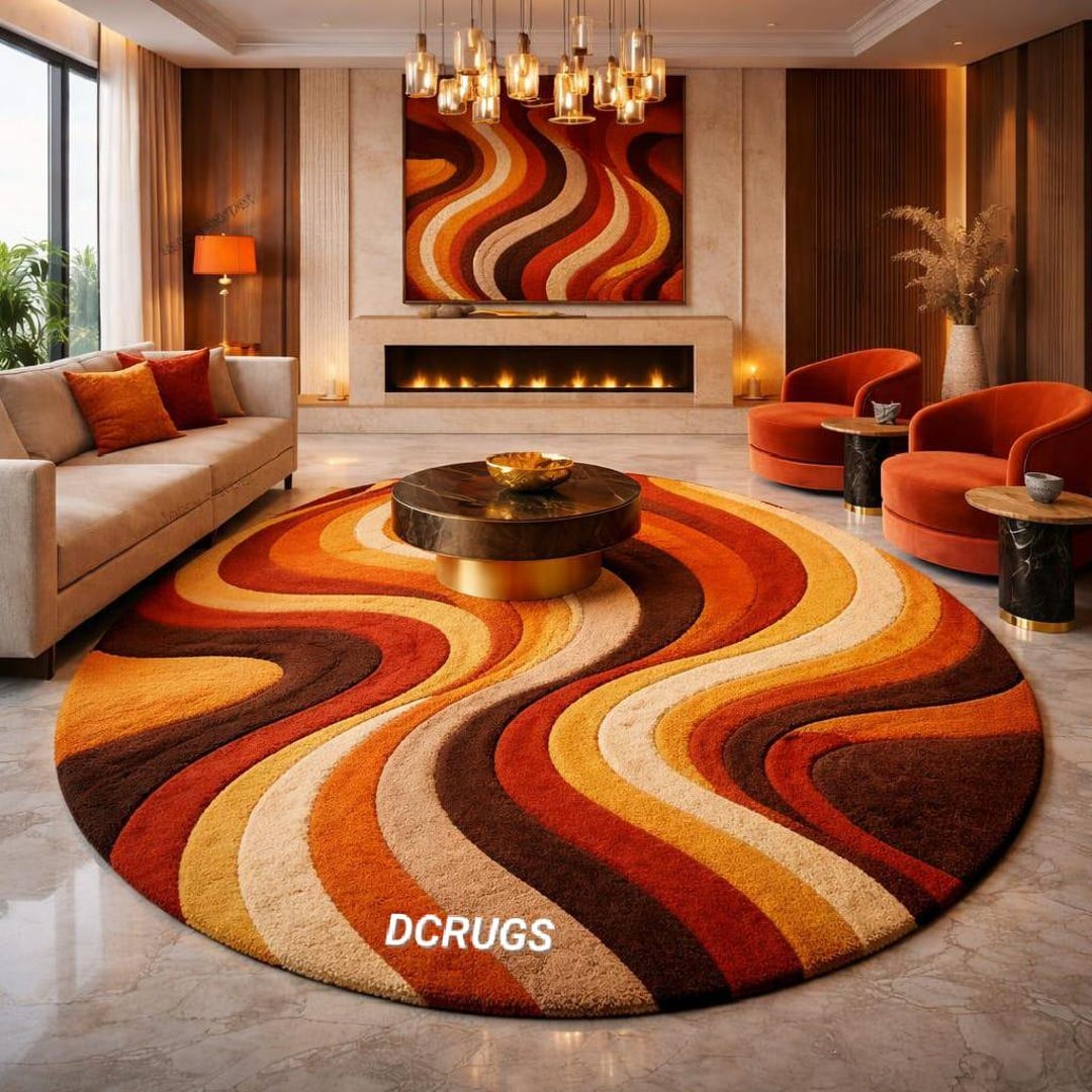 Luxury Mid Century Modern Abstract Wave Area Rug in Rust Orange Brown ...