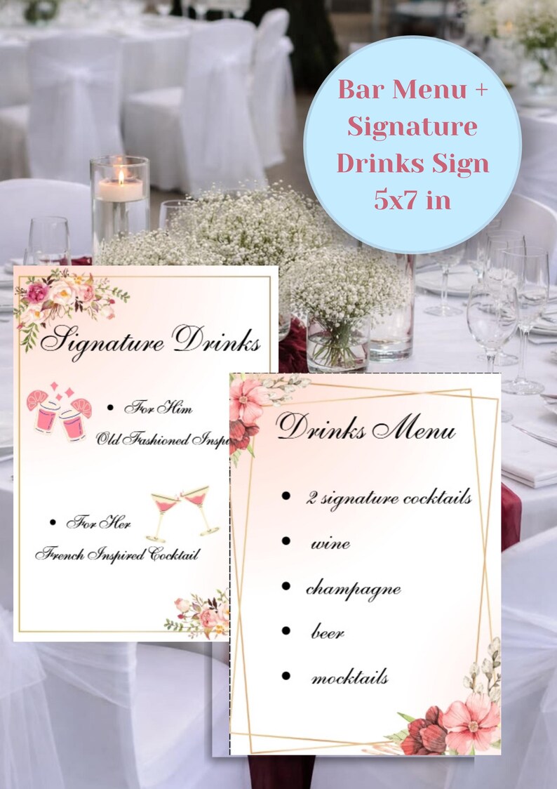Wedding Drinks Menu, Signature Cocktails Sign, Floral Bar Sign (digital ...