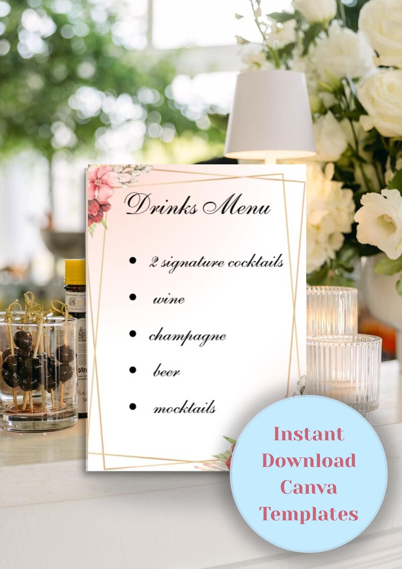 Wedding Drinks Menu, Signature Cocktails Sign, Floral Bar Sign (digital ...