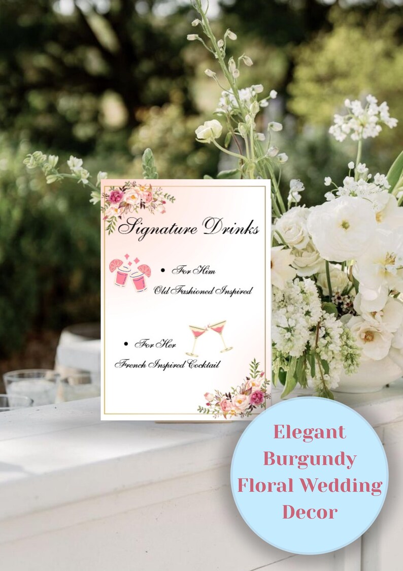 Wedding Drinks Menu, Signature Cocktails Sign, Floral Bar Sign (digital ...